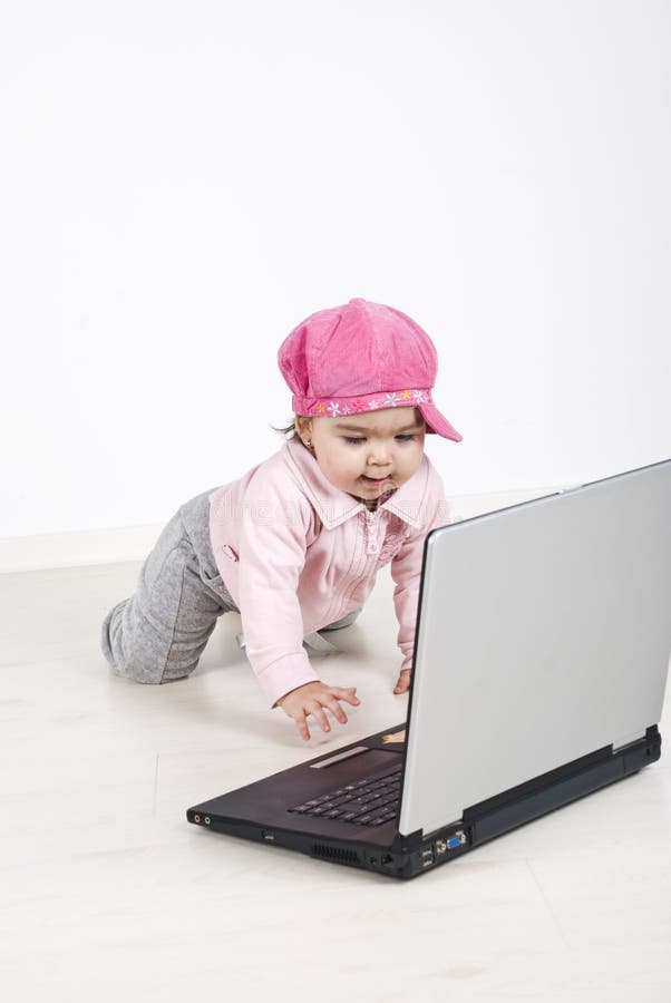 Baby Girl with Laptop Computer Over White Stock Photo - Image of ...