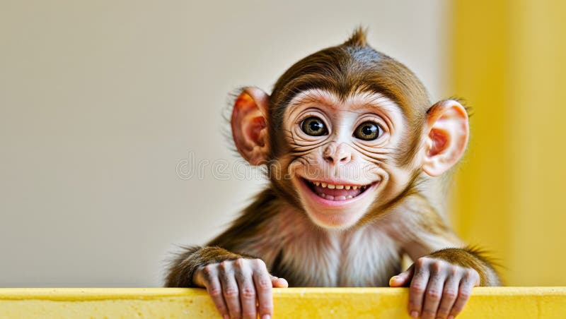 Curious Baby Monkey with Bright Yellow Background Smiling Happily Stock ...