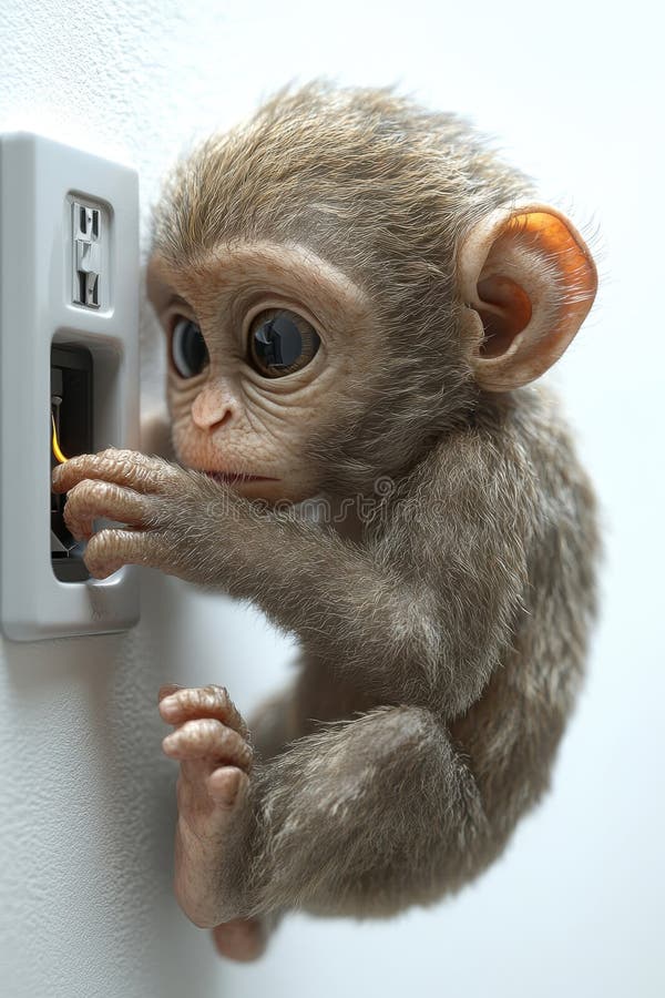 Curious Baby Monkey Exploring an Electrical Outlet in a Room during the ...