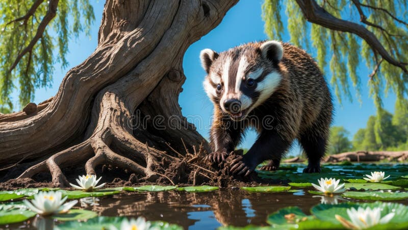 American Badger Digging Near Water Lilies and Tree Roots Stock ...