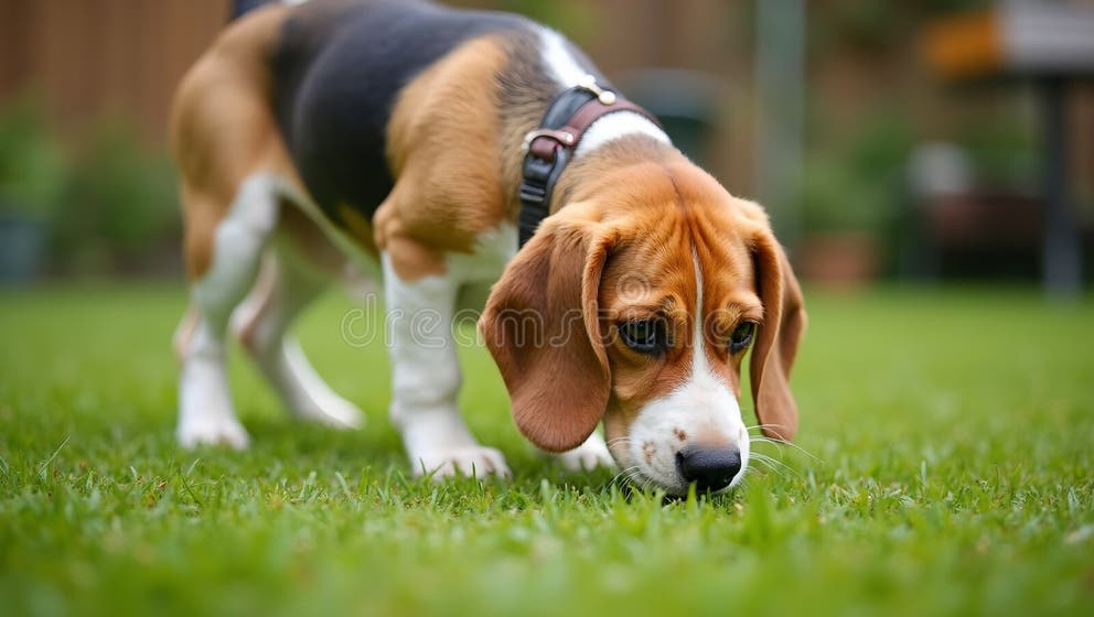 Curious Beagle Sniffing in Garden Tracking Scent Stock Illustration ...