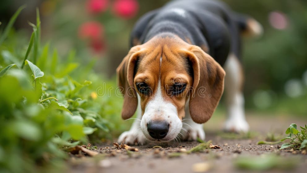 Curious Beagle Sniffing in Garden Tracking Scent Stock Illustration ...