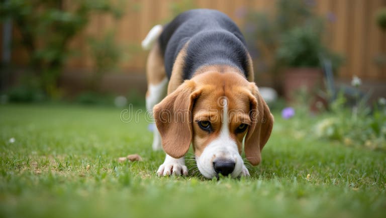 Curious Beagle Sniffing in Garden Tracking Scent Stock Illustration ...