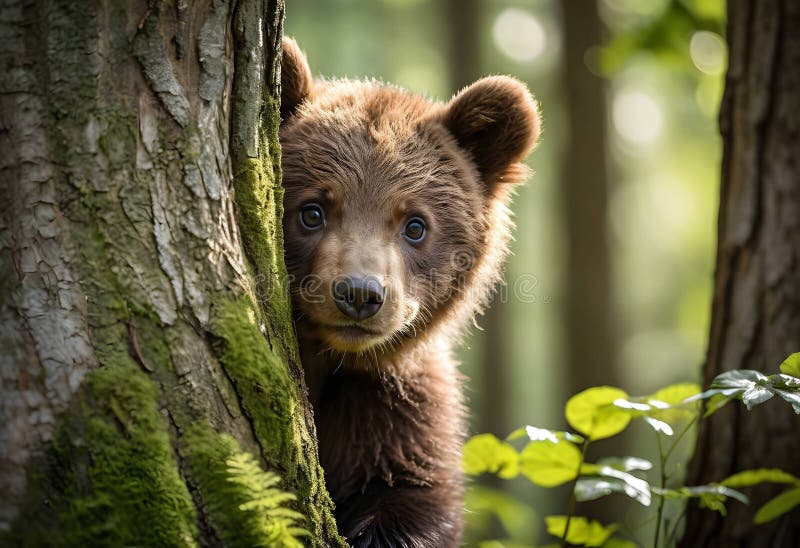 Curious Bear Cub Peeking from Behind Forest Tree Stock Illustration ...