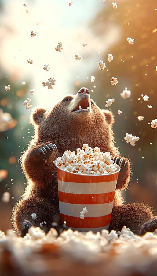 A Curious Bear Enjoying a Bowl of Popcorn in a Forested Outdoor Setting ...