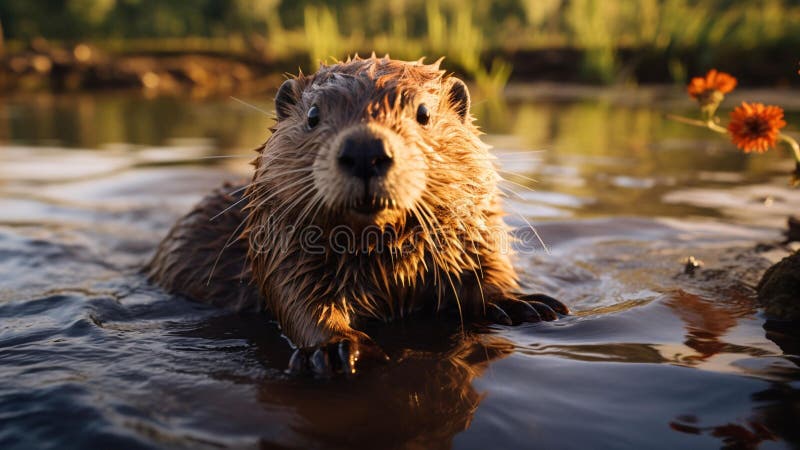 A Curious Beaver Emerging from the Water at Sunset Stock Illustration ...
