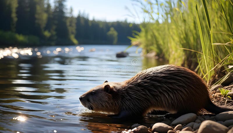 Curious Beaver Exploring Riverside in Serene Nature Setting, Wildlife ...
