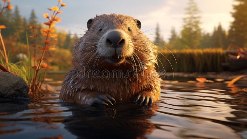 A Curious Beaver in the Sunset Stock Illustration - Illustration of ...