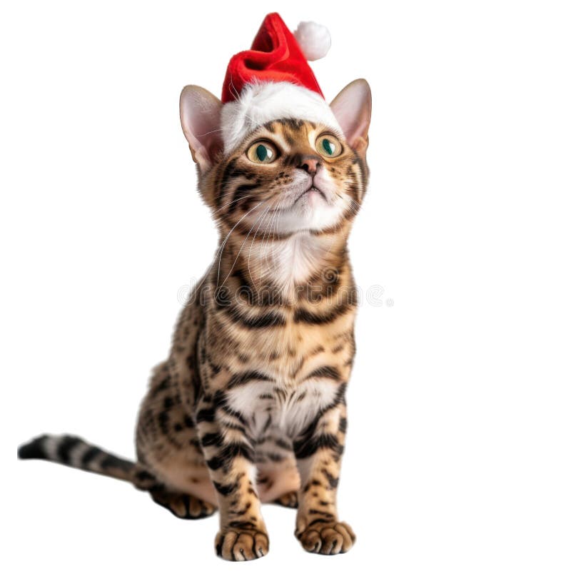 A Curious Bengal Cat Wearing a Santa Hat Stock Photo - Illustration of ...