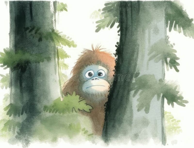 A Curious Bigfoot Peeking Out from Behind the Trees Cute Creature. AI ...