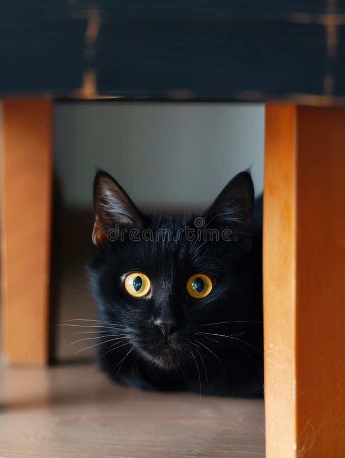 A Curious Black Cat Peeking Out from Underneath a Table Stock Photo - Image of animal, black ...