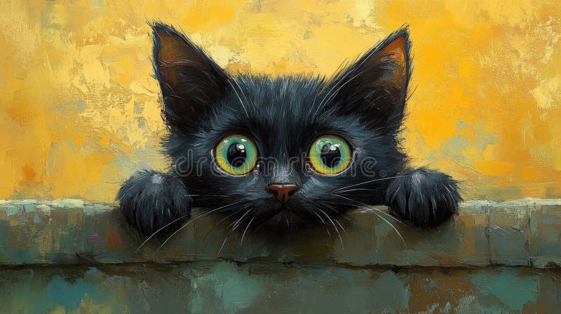 A Curious Black Kitten Peeking Over a Wall Stock Illustration ...