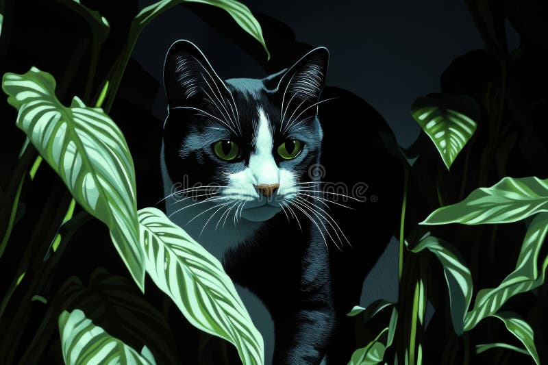Curious Black and White Cat Exploring Lush Greenery at Night Stock ...