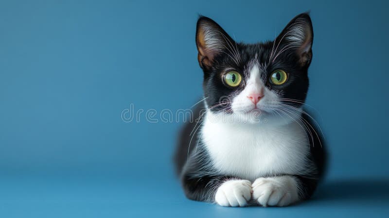 Curious Black and White Tuxedo Cat with Intense Eyes Posing on Blue Backdrop, Studio Portrait ...