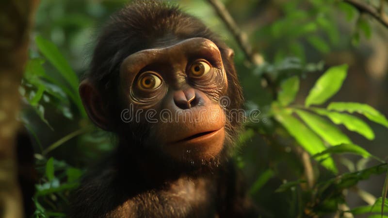 A Curious Bonobo Looking Up with Big Eyes in the Rainforest Stock ...