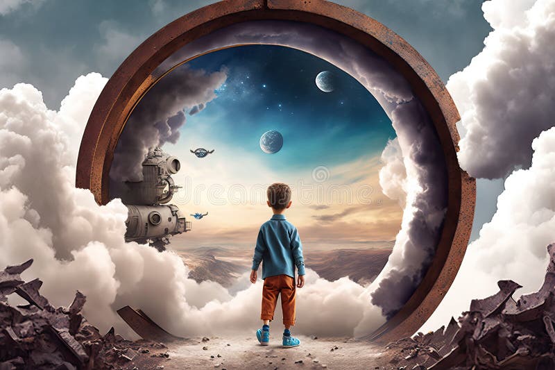 Curious Boy in Front of Metaverse Gate To Cyber Dimension Realm ...