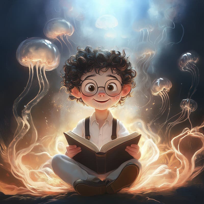 Curious Boy with Glasses is Reading Book Surrounded by Glowing ...