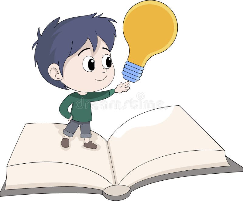 Curious Boy with Lightbulb Idea Standing on an Open Book Representing ...