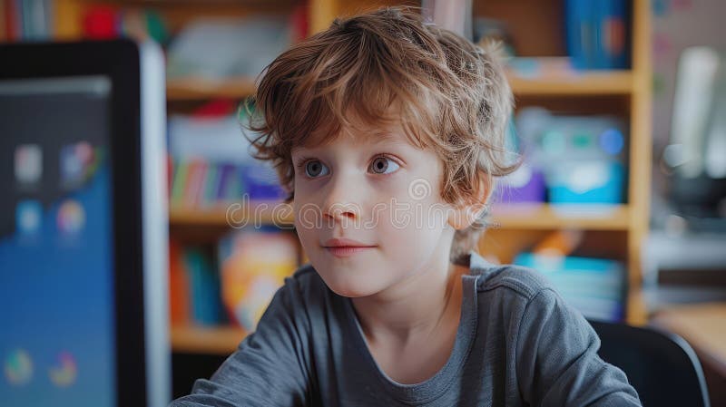 Curious Boy Looking at Computer Screen Stock Illustration ...