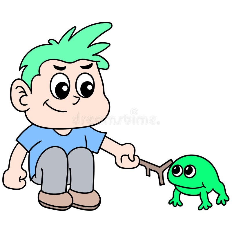 A Curious Boy Playing with Frogs, Doodle Icon Image Kawaii Stock Vector ...