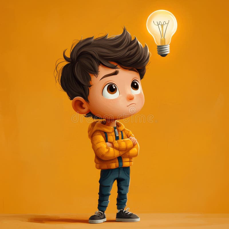 Curious Boy in Yellow Jacket Gazes at Glowing Light Bulb Above Him ...