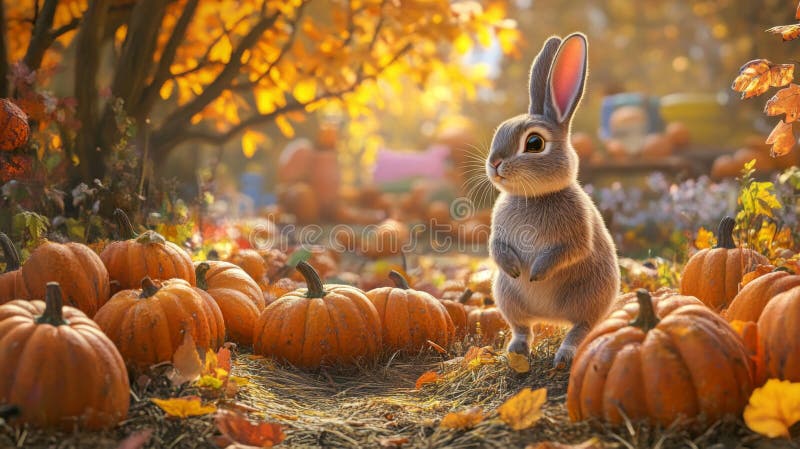A Curious Bunny among Autumn Pumpkins Stock Illustration - Illustration ...