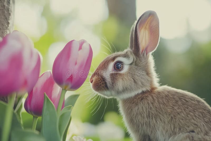 Curious Bunny Close Up with Pink Tulip in Spring Garden Setting Stock ...