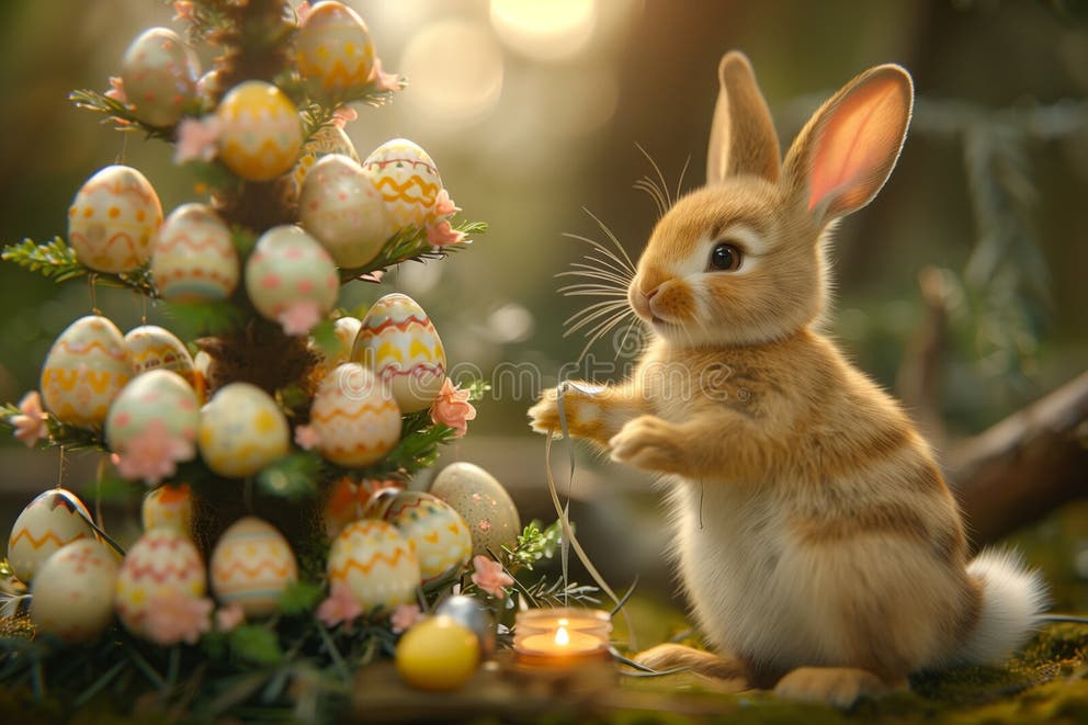 Curious Bunny Decorating an Easter Tree with Colorful Eggs in a Serene Forest Setting. Stock ...