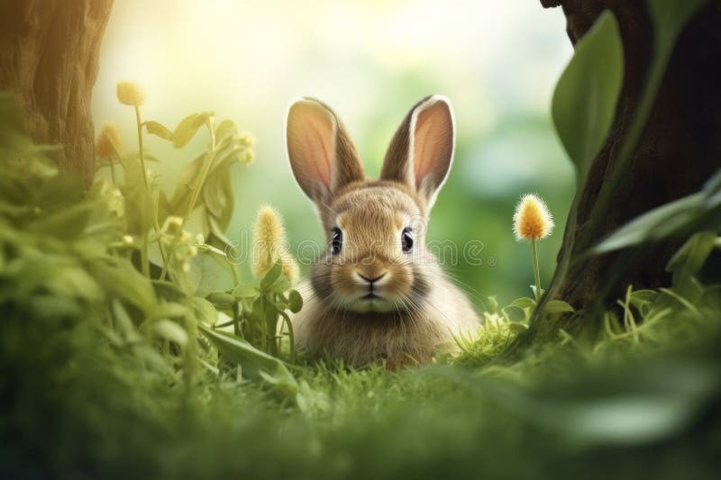 Curious Bunny Peeking through Lush Grass in the Golden Morning Light ...