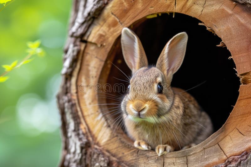 Curious Bunny Peeking from Tree Hollow Stock Image - Image of fauna ...