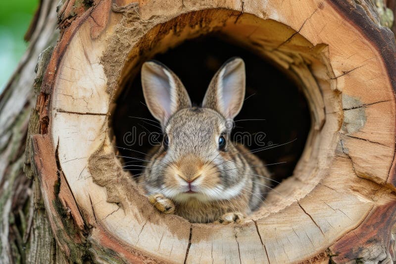 Curious Bunny Peeking from Tree Hollow Stock Photo - Image of peeking ...