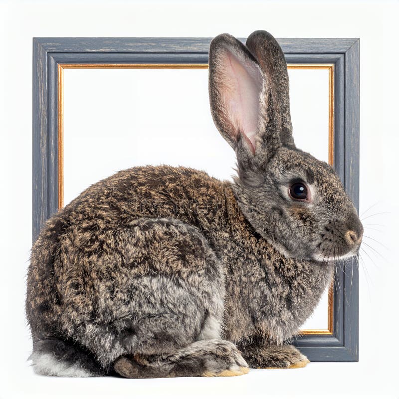A Curious Bunny Peeks through a Grey Picture Frame on White Background ...