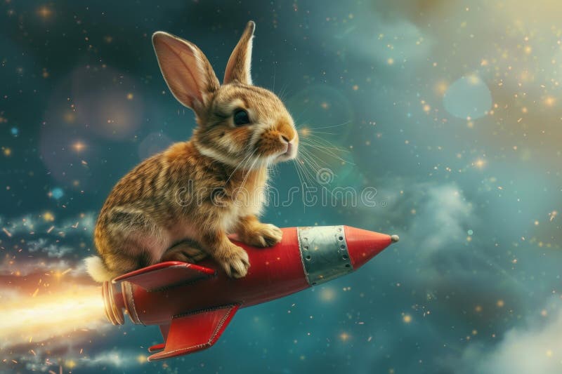 Curious Bunny Riding Red Rocket through Space Stock Illustration ...