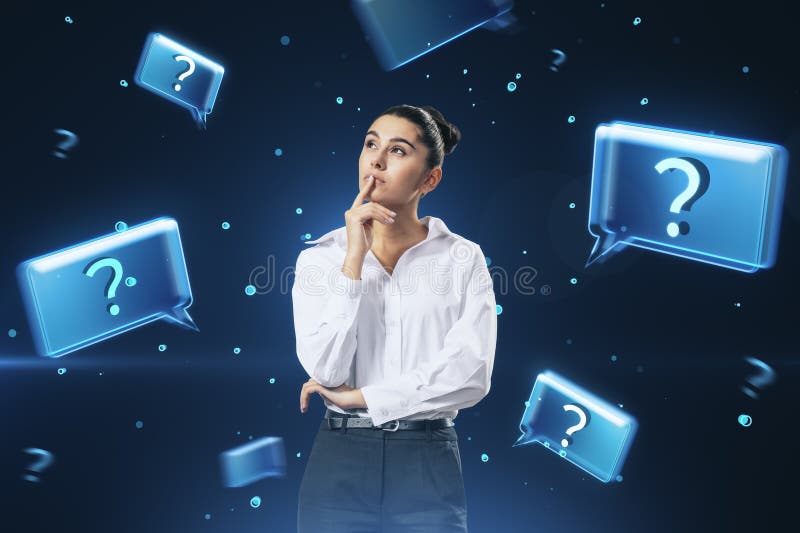 Curious Businesswoman with Question Marks, Thinking Pose Stock Photo ...