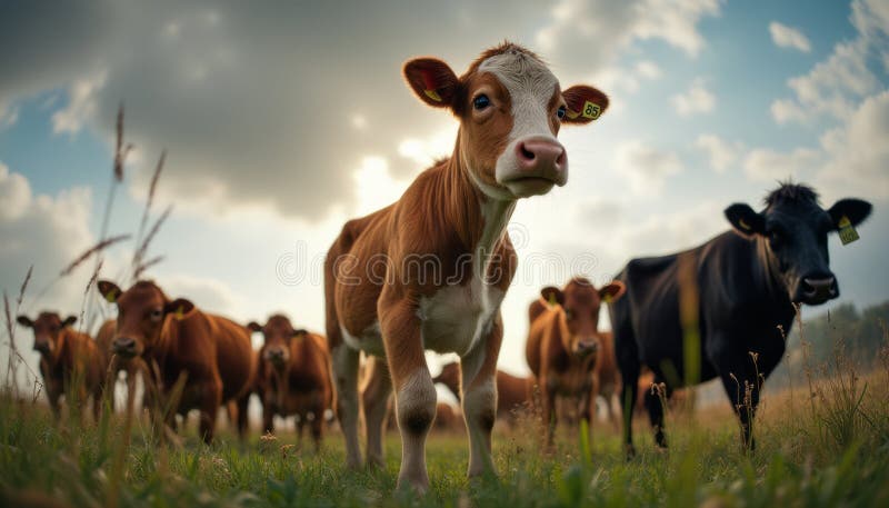 Curious Calf Exploring a Lush Green Pasture with Cows in the Background ...