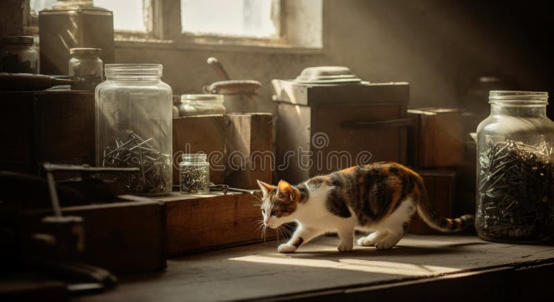 Curious Calico Cat Exploring a Sunlit Antique Workshop with Jars and ...
