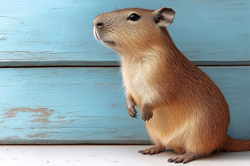 Capybara Standing Upright Against a Light Blue Wooden Background ...