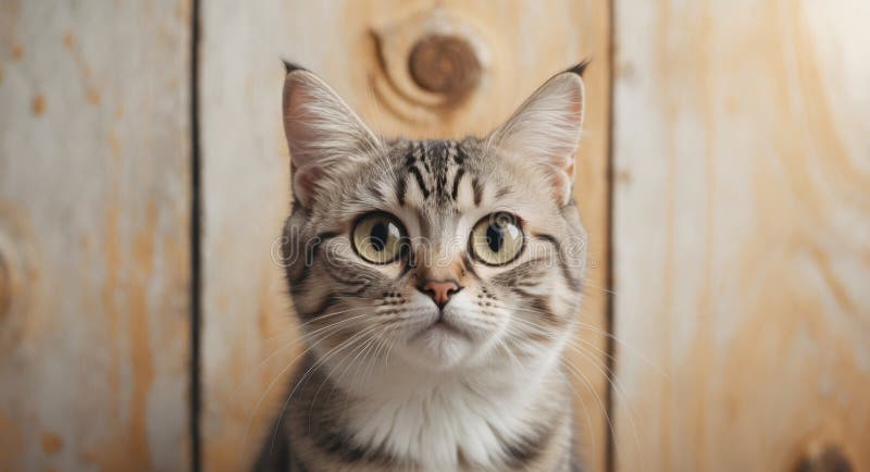 Curious Cat with Big Eyes Staring in Front of Wooden Background Stock ...