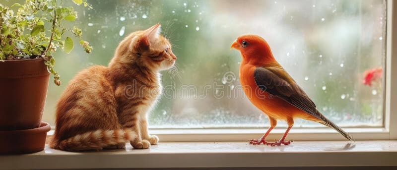 Curious Cat and Bird Observe Each Other on a Sunny Windowsill, Evoking ... Curious Cat and Bird Observe Each Other on a Sunny Windowsill, Evoking ...