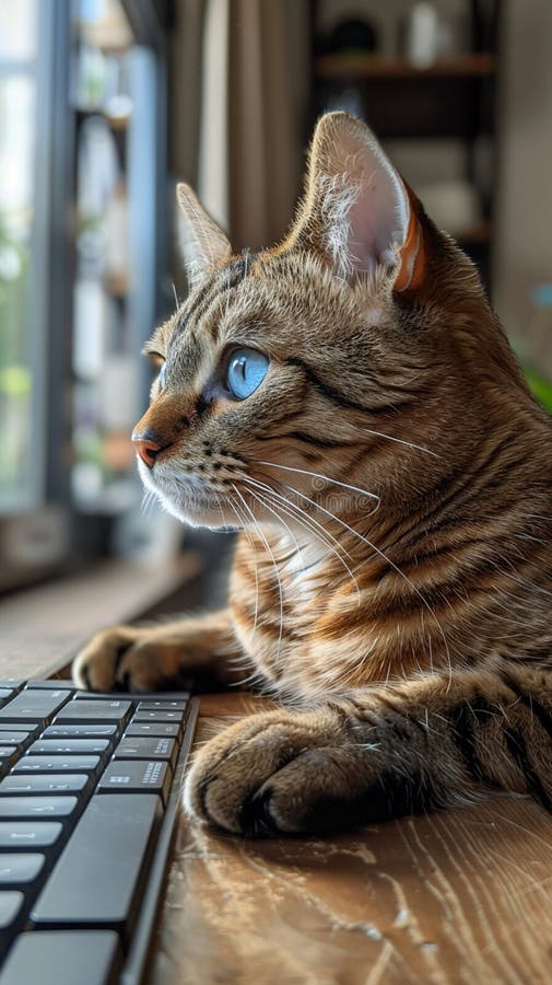 Curious Cat with Blue Eyes Attentively Looking at a Computer Screen ...