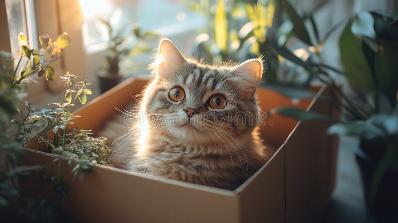 A Curious Cat in a Box. Generative AI. Stock Illustration ...