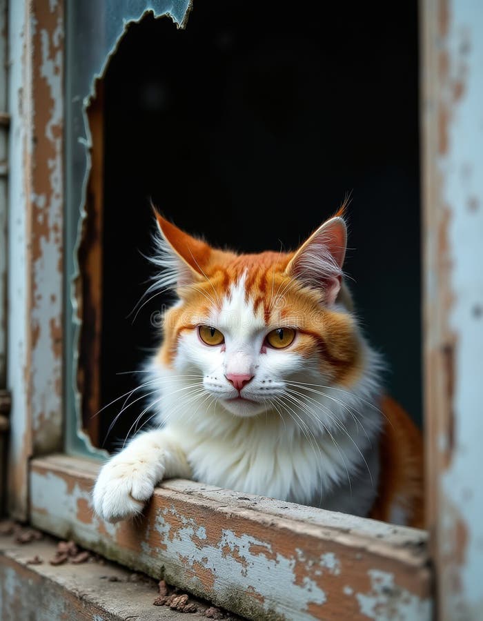 Curious Cat in Broken Window Rustic Charm AI Generated. Stock ...