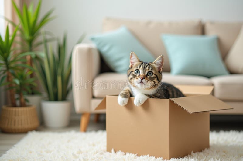 Curious Cat in Cardboard Box in Cozy Living Room Setting. AI Generation ...