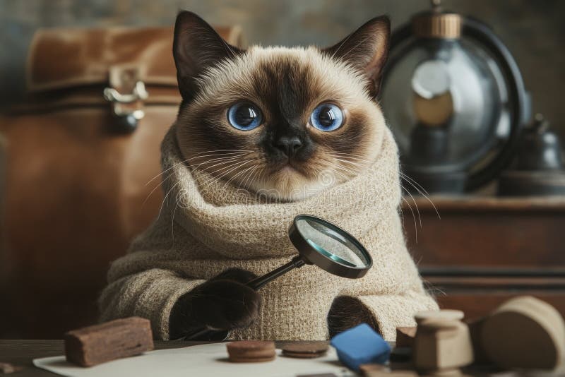 Curious Cat Detective Investigating Clues with Magnifying Glass in Cozy ...