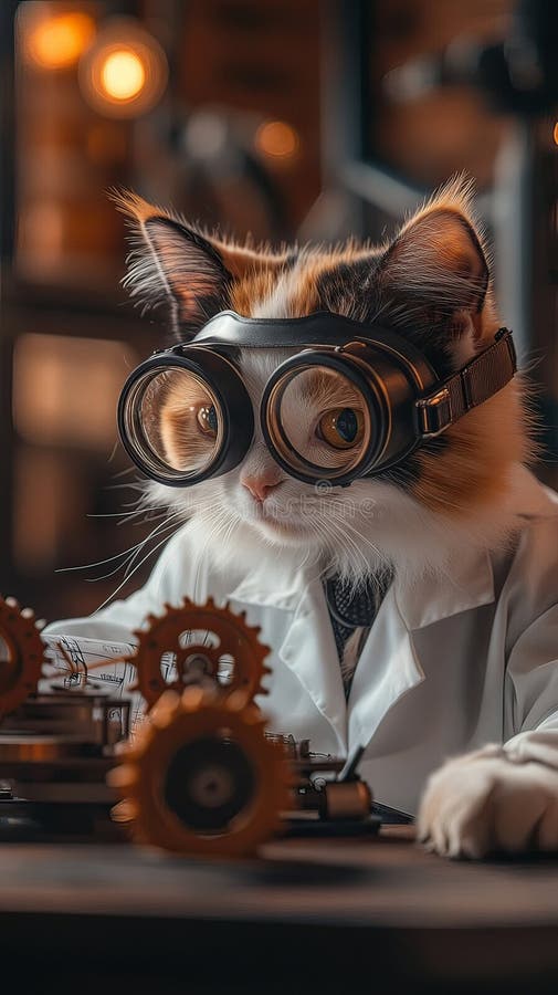 A Curious Cat Dressed in a Lab Coat and Goggles Stares Intently at a ...