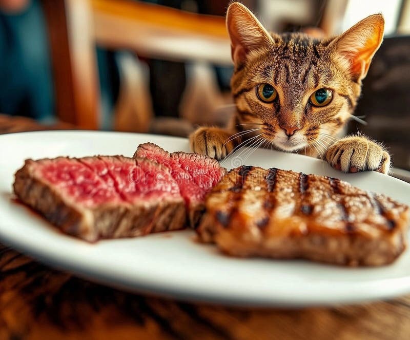 A Curious Cat Eagerly Eyeing a Delicious Steak on a Fine Dining Plate ...