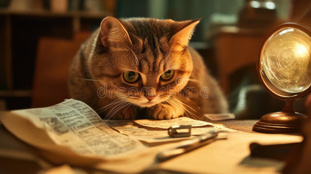 Curious Cat Examining Old Letters and Documents on Vintage Desk Stock ...