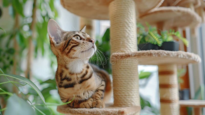 A Curious Cat Explores a Multi-level Cat Bed Featuring Various Platforms and Scratching Posts in ...