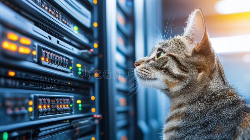 Curious Cat Explores a Server Room, Captivated by Blinking Lights and ...