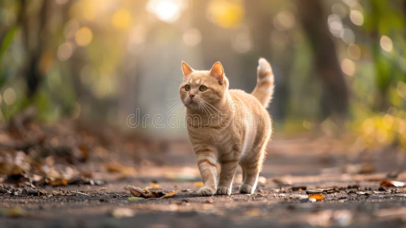 A Curious Cat Explores the Tranquil Path through the Forest, Sunlight ...